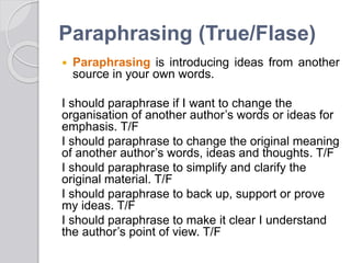 Quoting, Paraphrasing and Summarizing | PPTX