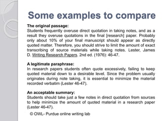 Quoting, Paraphrasing and Summarizing | PPTX
