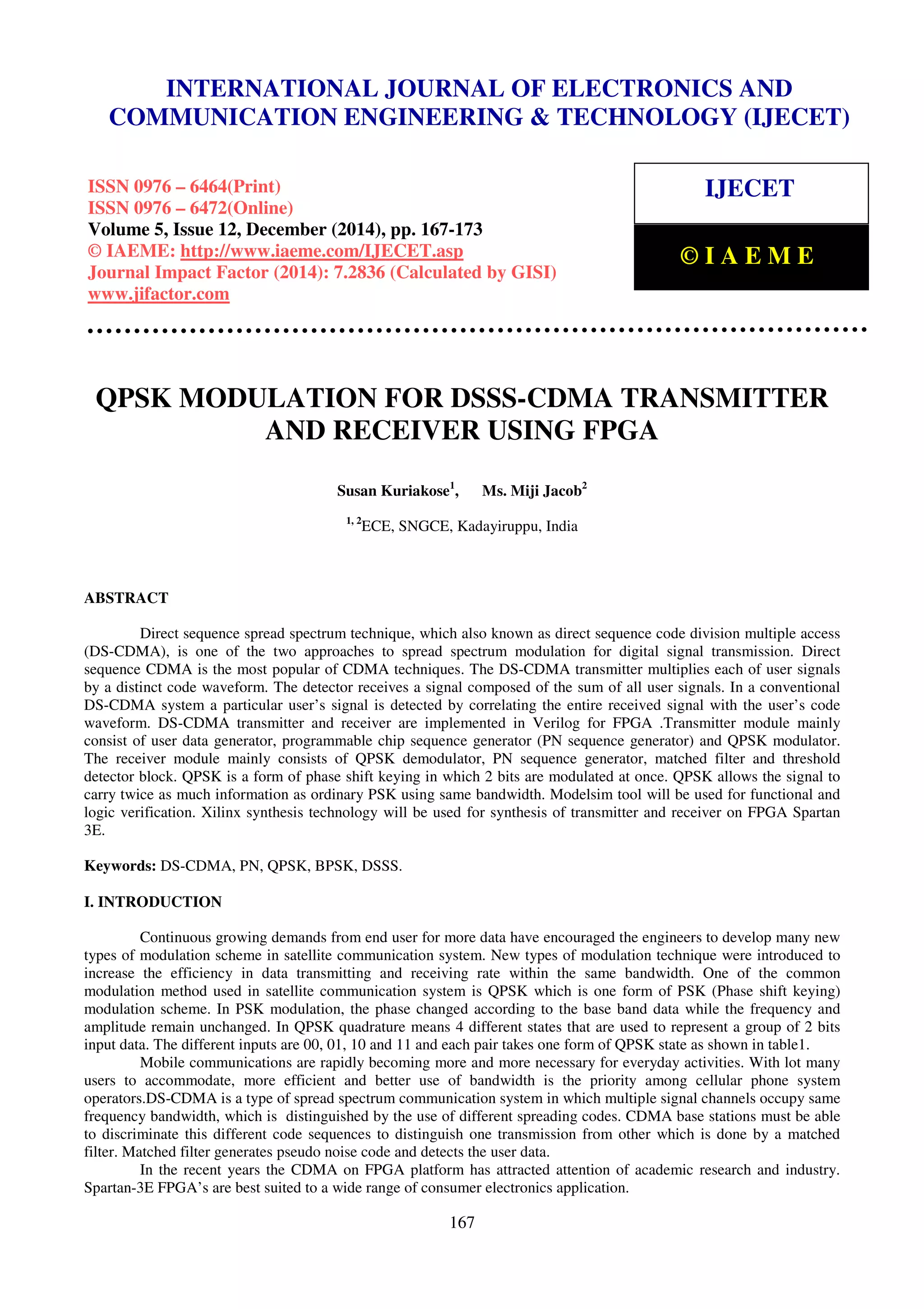 Qpsk modulation for dsss cdma transmitter and receiver using fpga | PDF