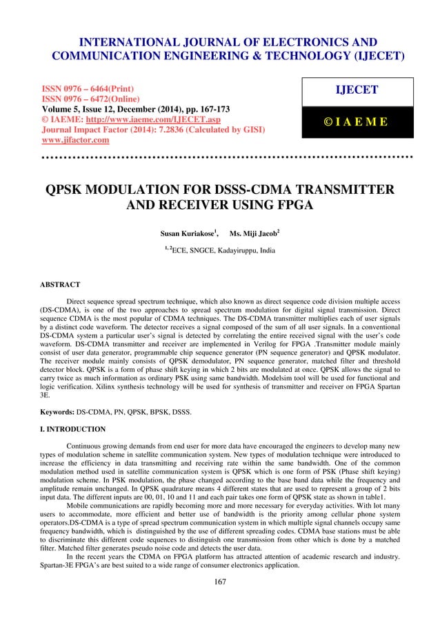 Qpsk Modulation For Dsss Cdma Transmitter And Receiver Using Fpga Pdf