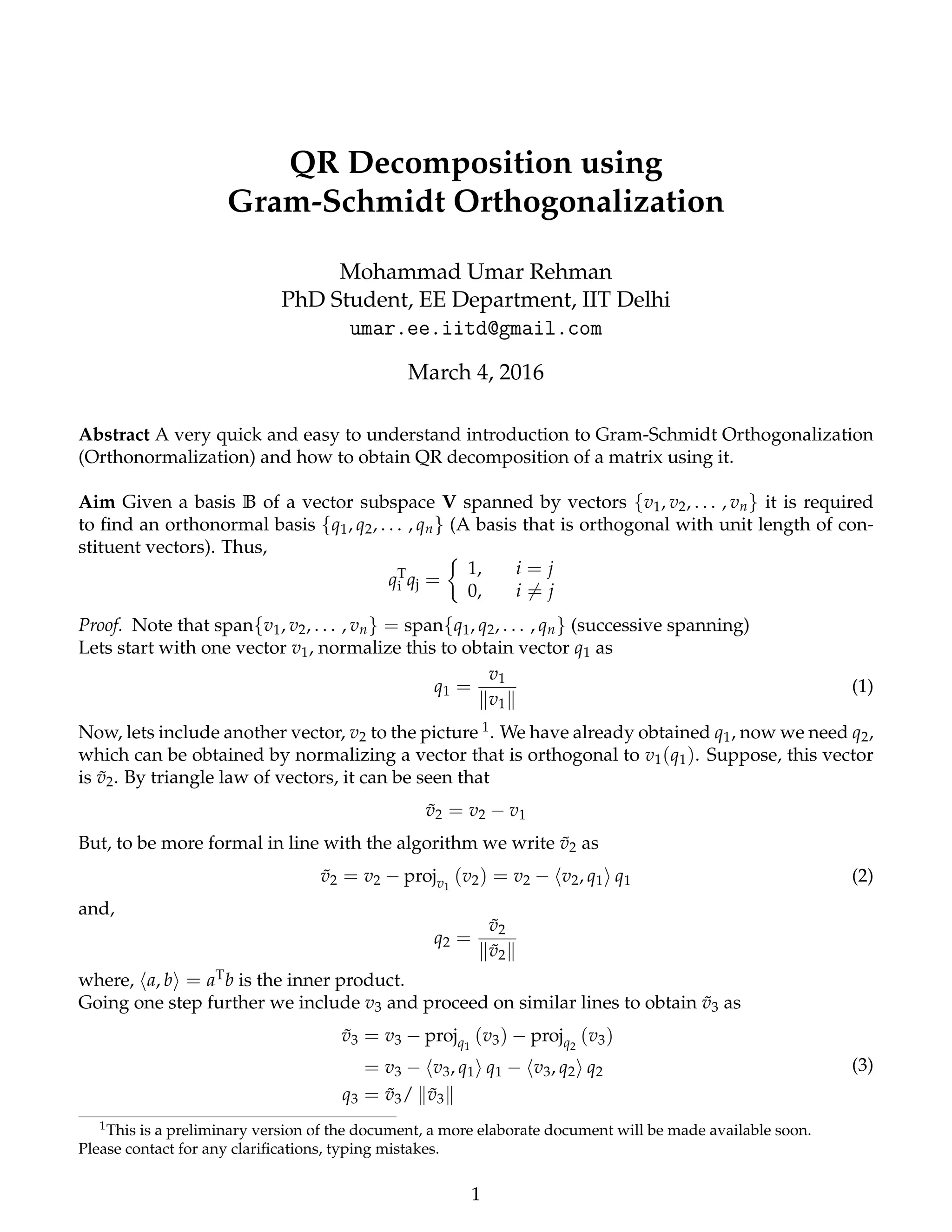 Gram-Schmidt Orthogonalization and QR Decompositon | PDF