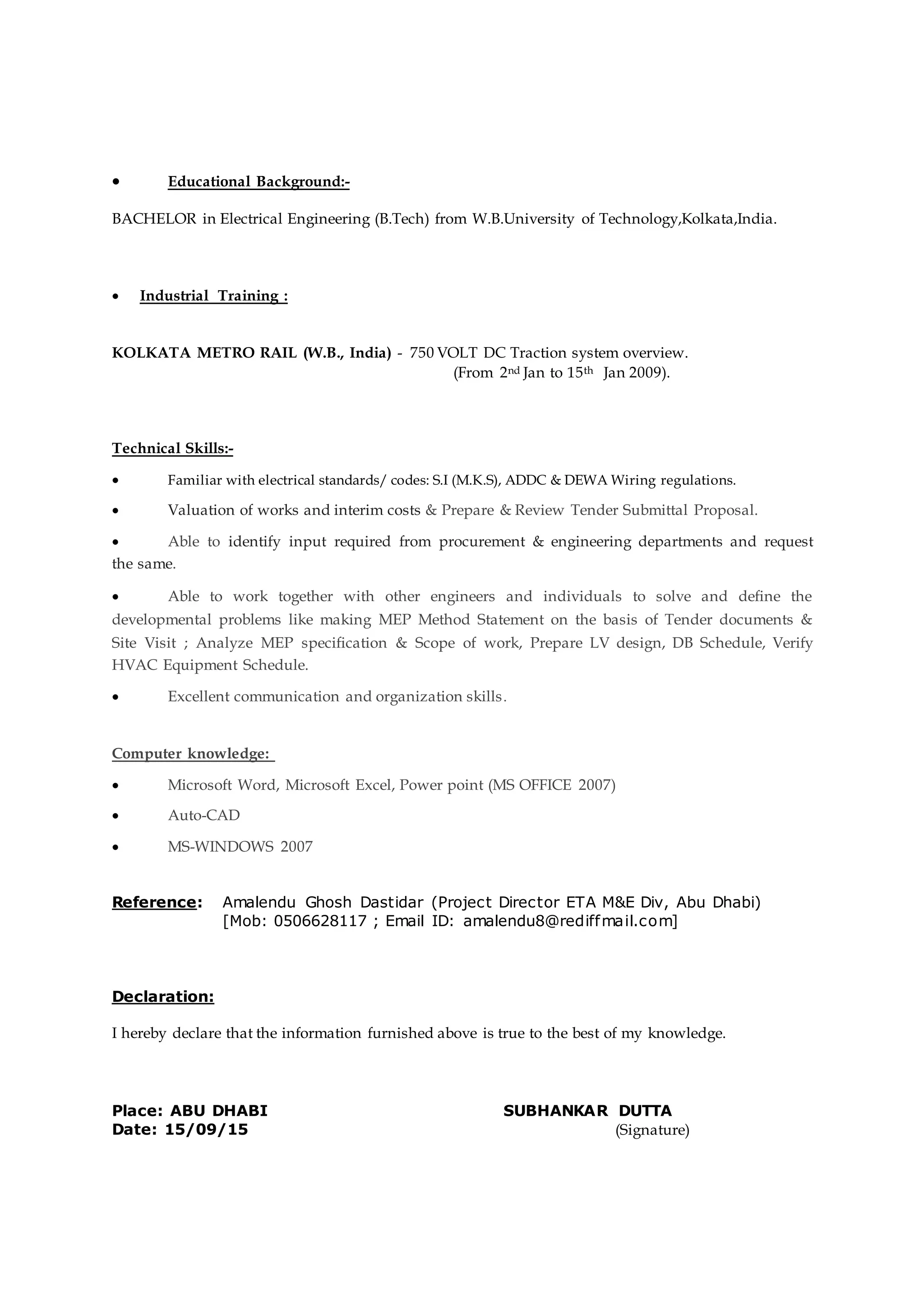 Qs mep updated new cv of s.dutta sep 2015 | PDF