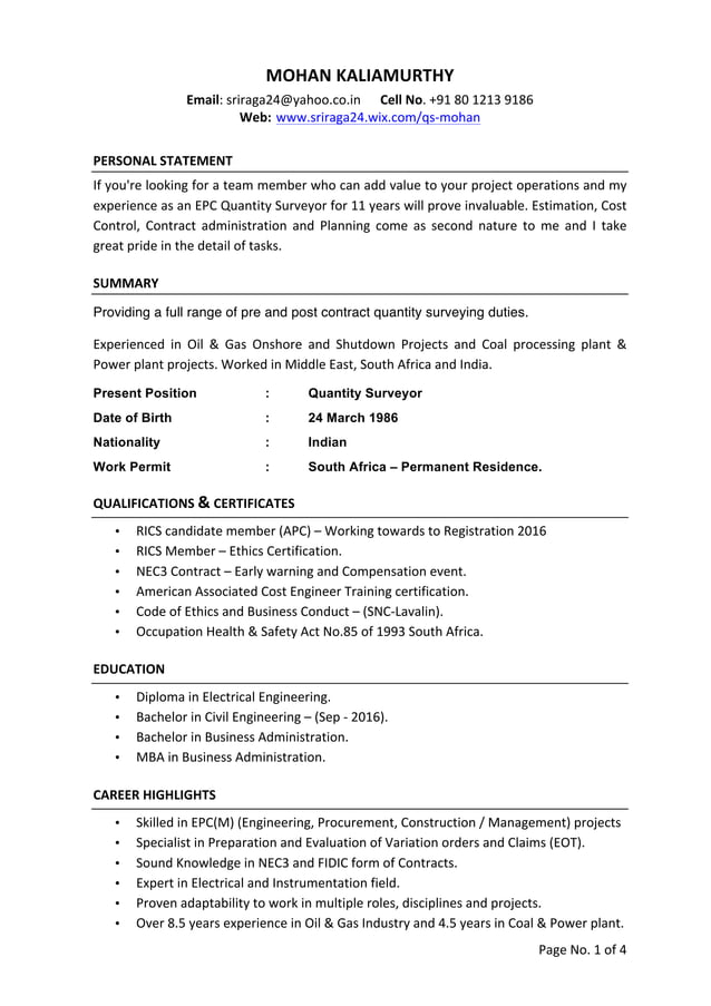 Quantity Surveyor CV | PDF