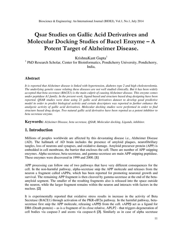 Qsar studies on gallic acid derivatives and molecular docking studies of bace1 enzyme a potent | PDF