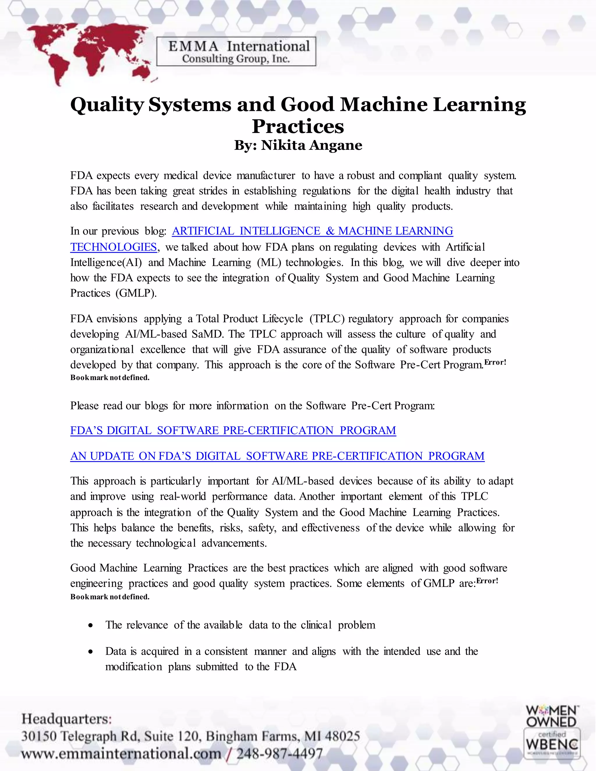 Quality Systems and Good Machine Learning Practices | DOCX