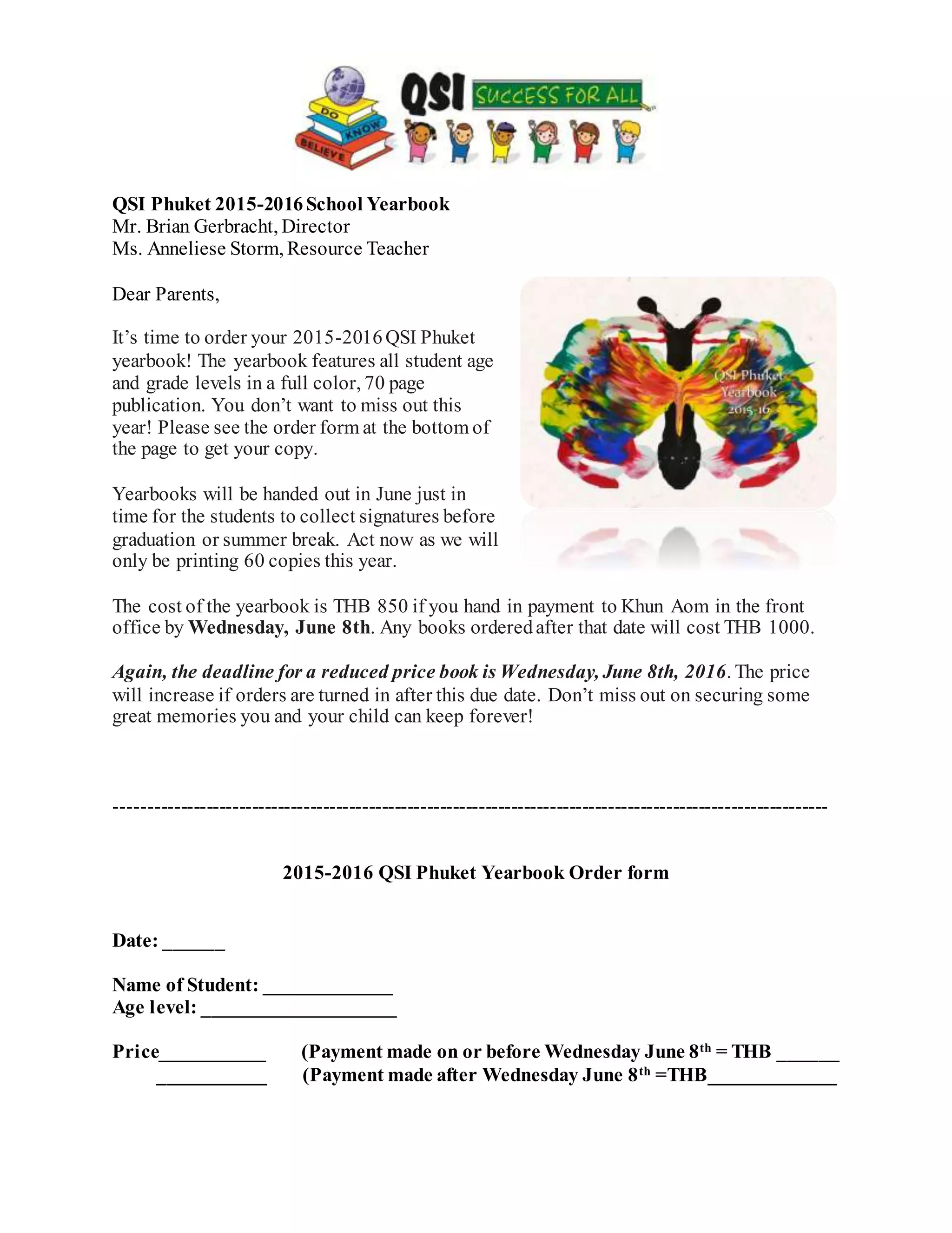 QSI Phuket 2015-16 Yearbook Orderform | PDF