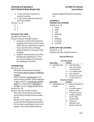 QSkills LS1_Unit 2_ANSWER KEY.pdf( Listening and Speaking) | PDF