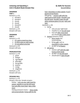 QSkills LS1_Unit 2_ANSWER KEY.pdf( Listening and Speaking) | PDF