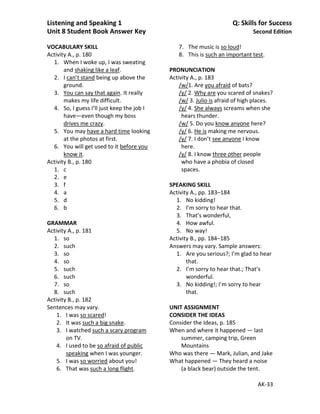 QSkills LS1_Unit 8_ANSWER KEY.pdf ( Listening and Speaking) | PDF