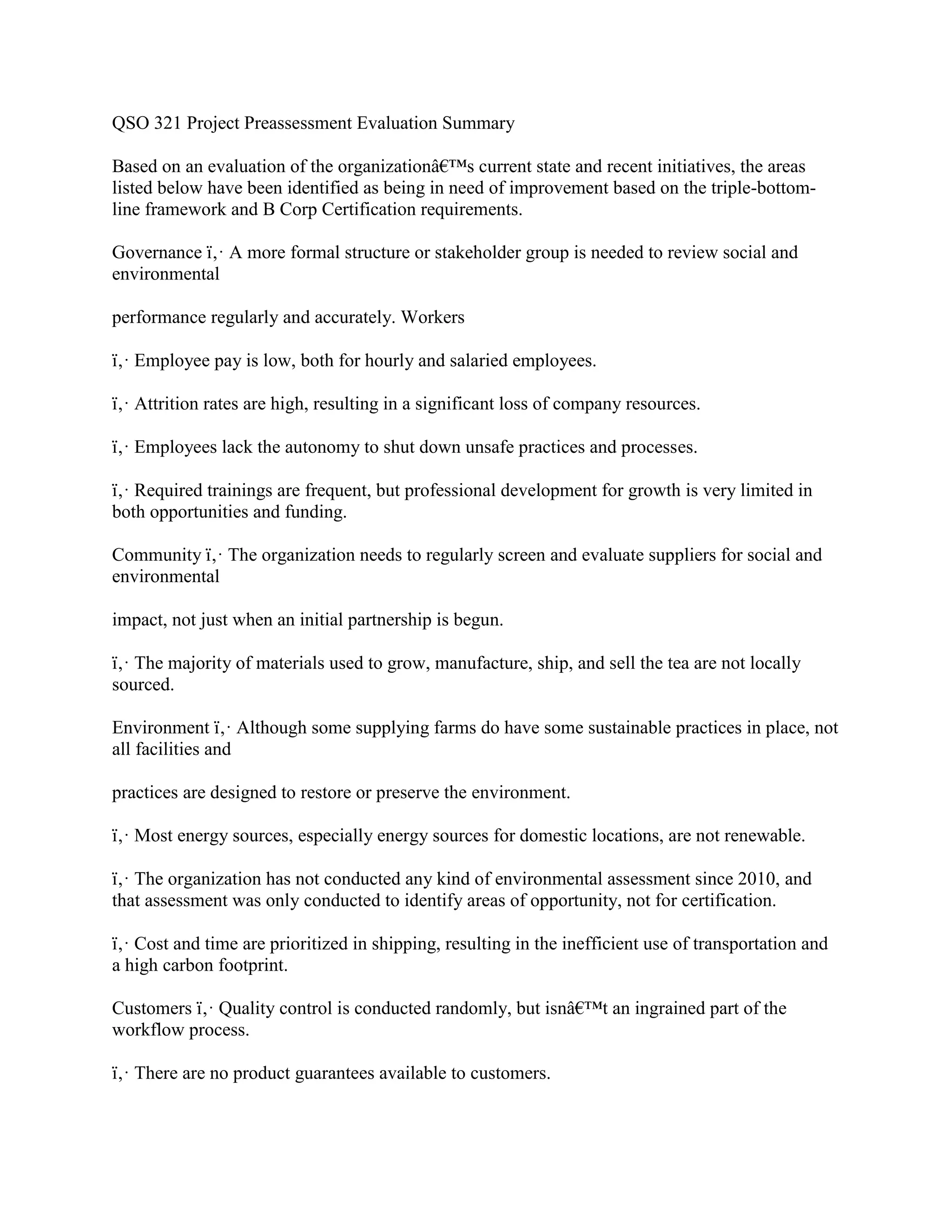 QSO 321 Project Preassessment Evaluation Summary Based on an evalu.docx
