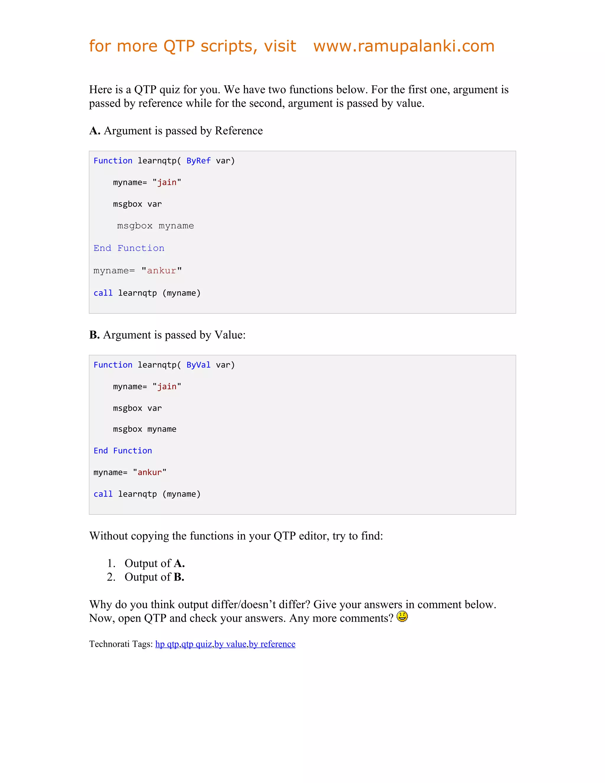 Qtp Quiz For You Doc Programming Languages Computing