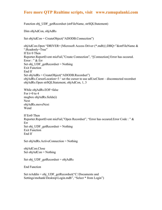 Qtp script to connect access database | PDF