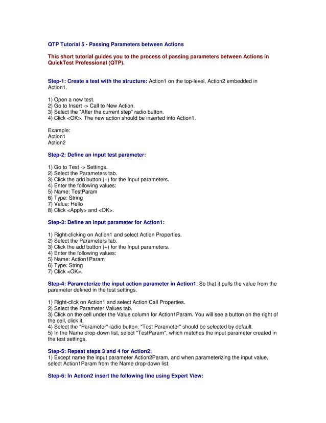 Qtp Tutorial 5 Passing Parameters Between Actions Pdf