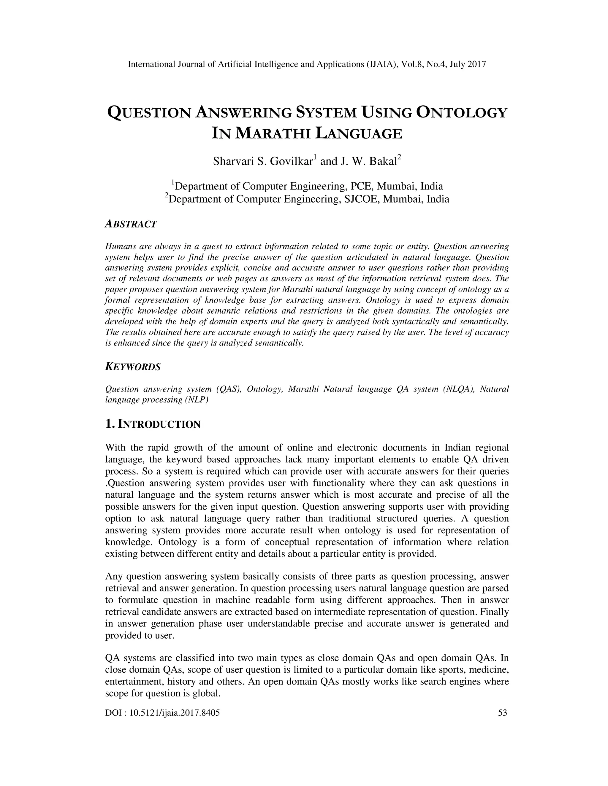 QUESTION ANSWERING SYSTEM USING ONTOLOGY IN MARATHI LANGUAGE | PDF | Databases | Computer ...