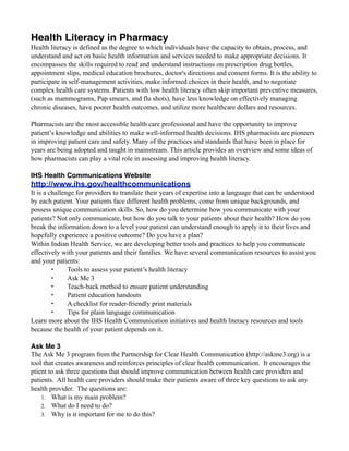 Pharmacy and health literacy handout | PDF