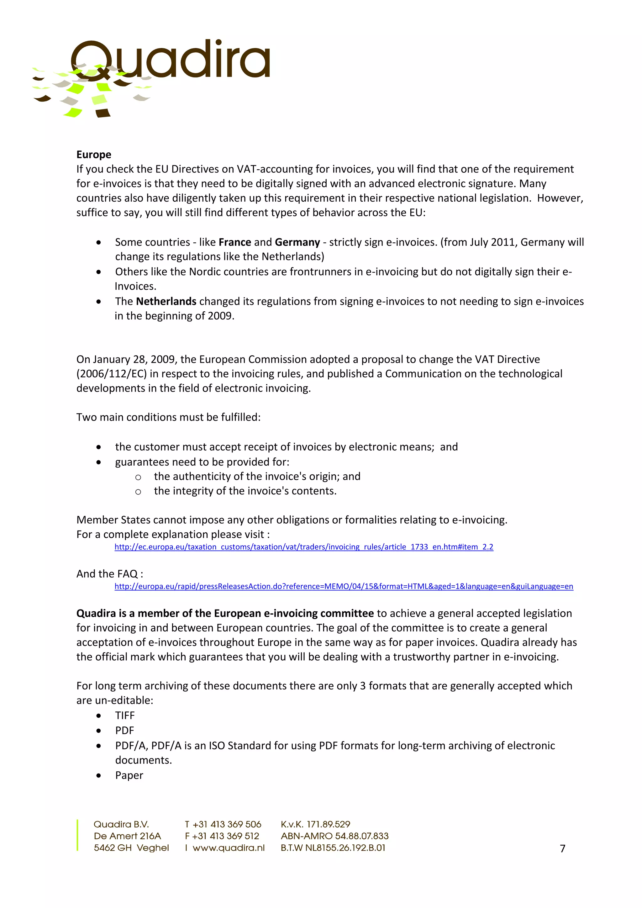 Quadira, e invoicing, digital signatures and document archiving | PDF