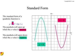 Quadratic function in standard form (y = ax^2 +bx + c | PPT