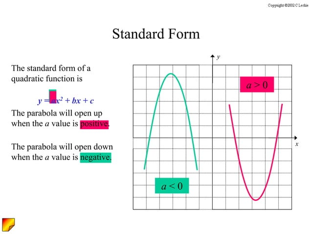 Quadratic function in standard form (y = ax^2 +bx + c | PPT