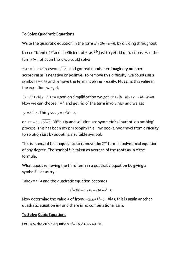 How to solve Quadratic and cubic equations | PDF
