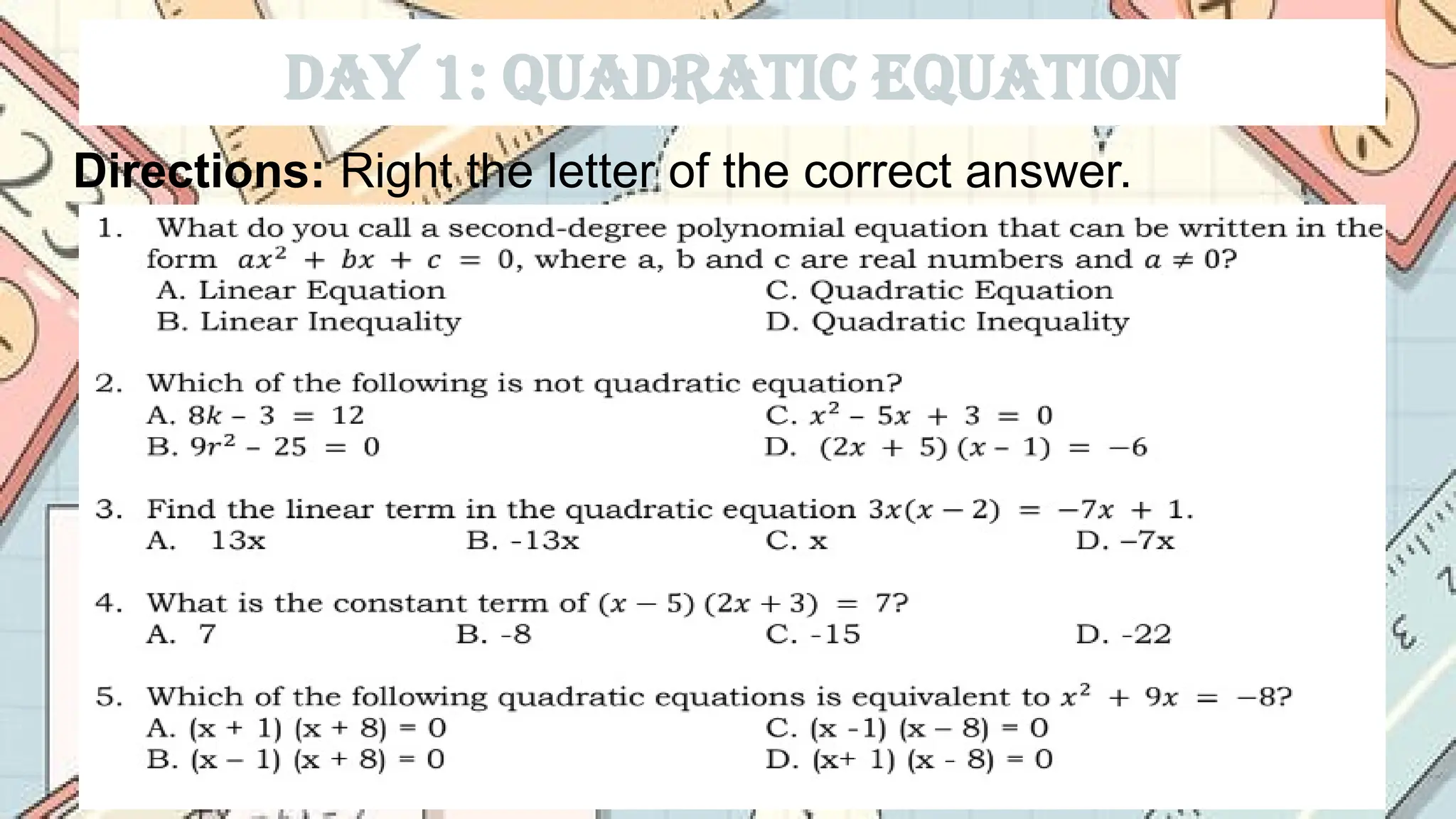 Mathematics 9 Illustration of Quadratic Equation | PPT