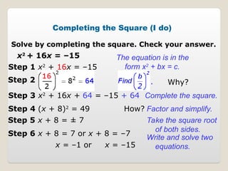 QUADRATIC EQUATIONS INVOLVING COMPLETING THE SQUARE.ppt