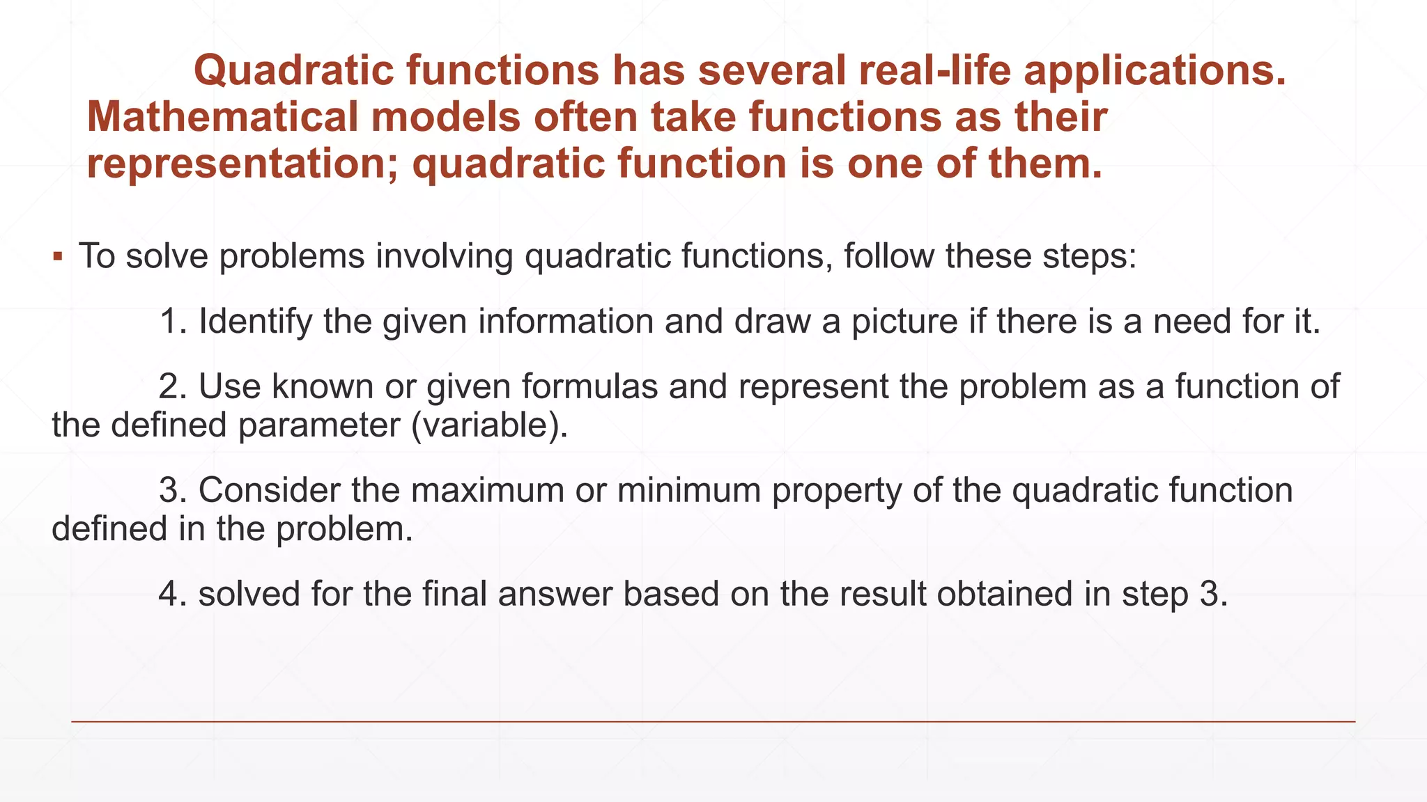 Quadratic functions and their application | PPTX