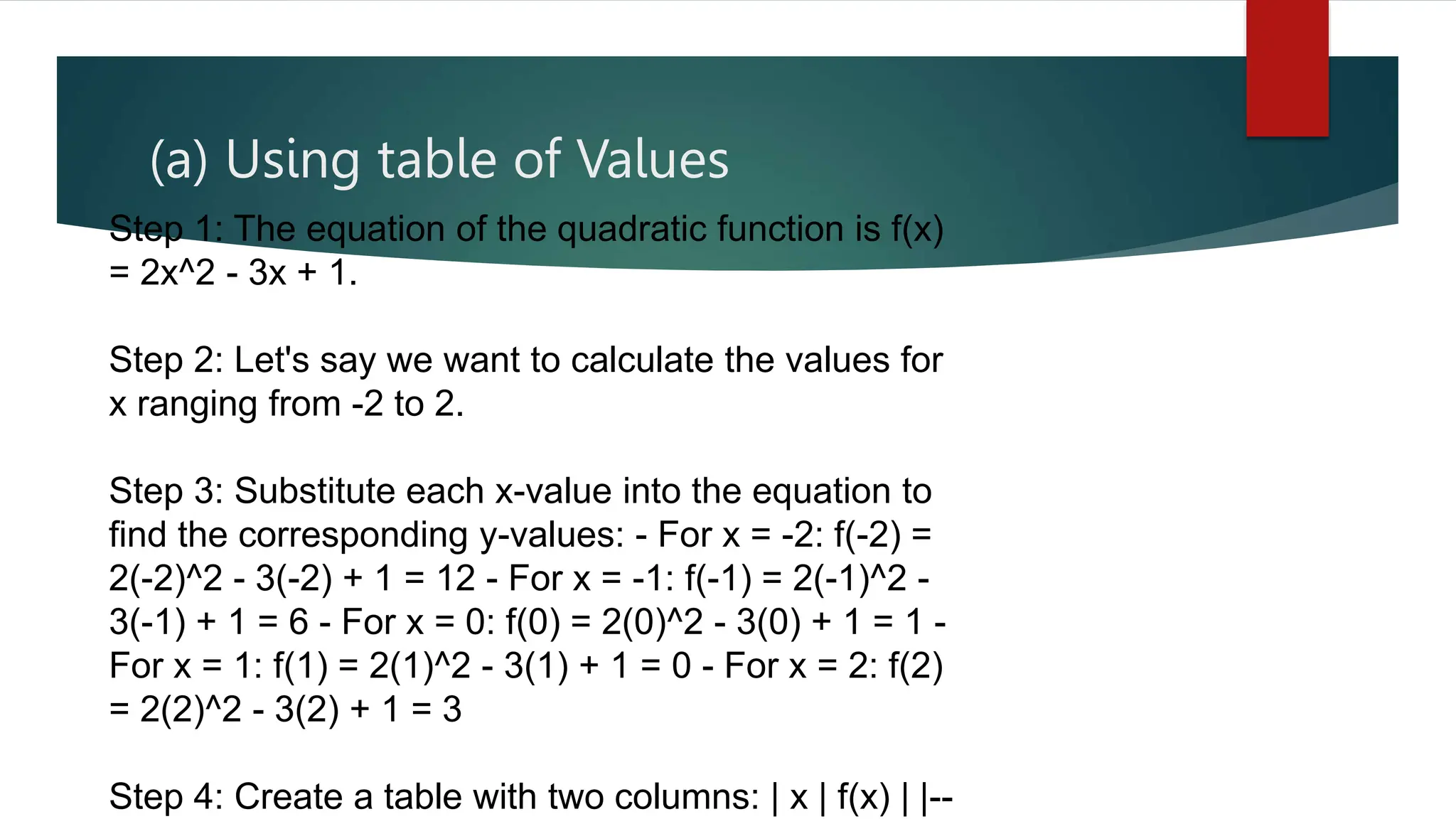 Quadratic Functions (a) table of values (b) graph (c)equation.pptx