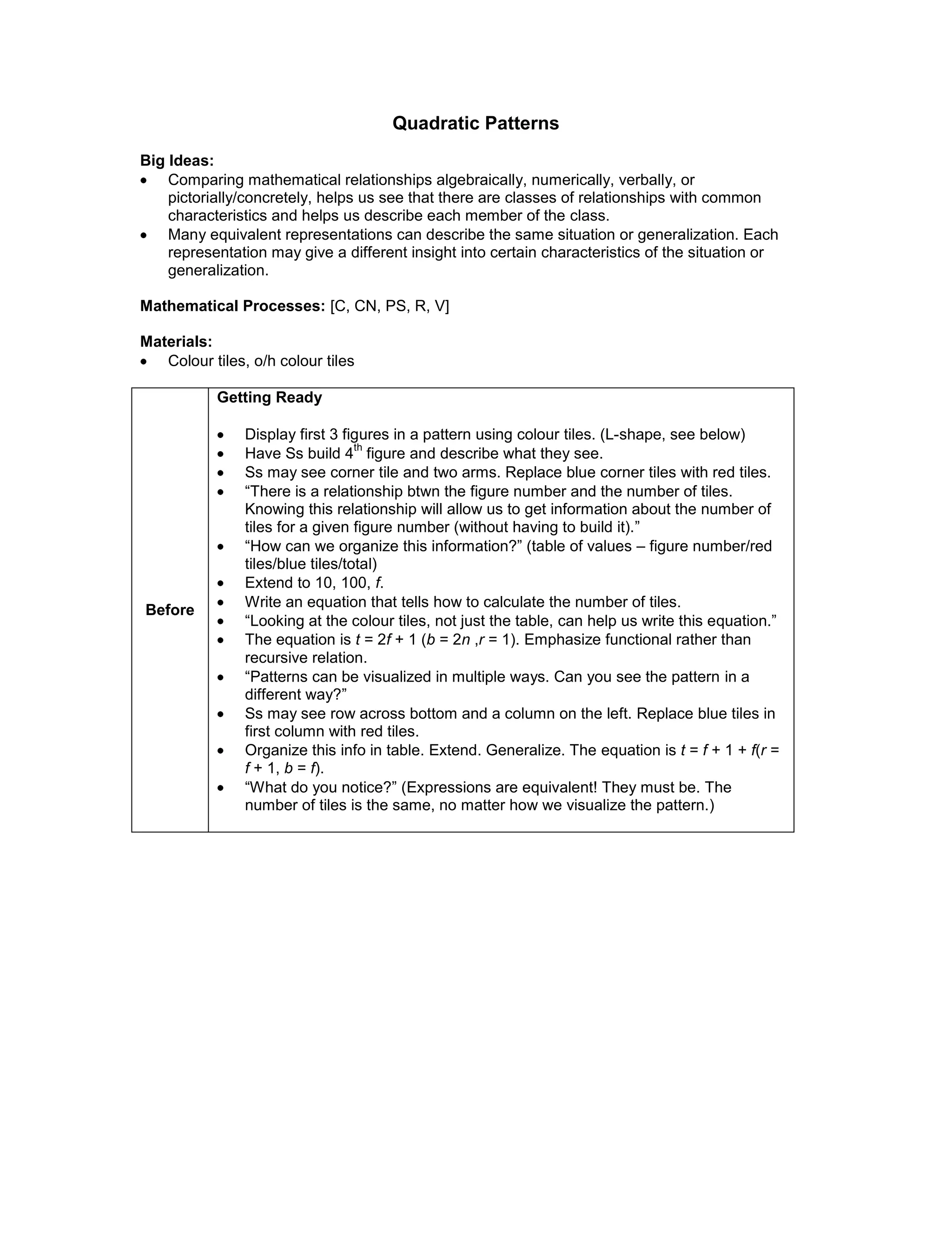 Quadratic patterns | DOCX | Physics | Science