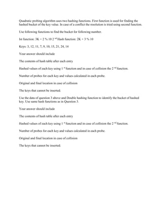 Quadratic probing algorithm uses two hashing functions- First function.docx