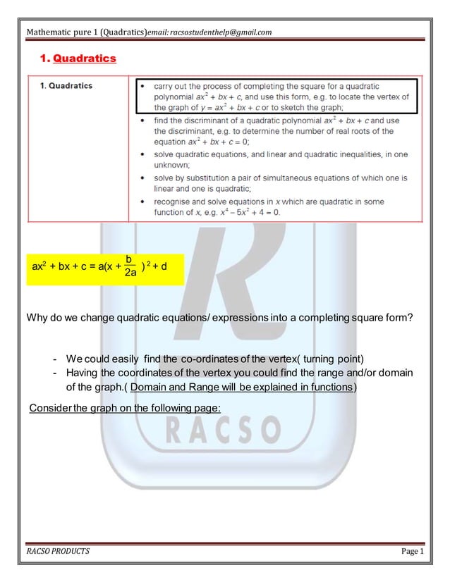 AS LEVEL QUADRATIC (CIE) EXPLAINED WITH EXAMPLE AND DIAGRAMS | DOCX
