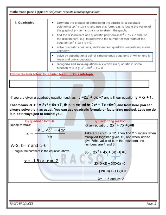 AS LEVEL QUADRATIC (CIE) EXPLAINED WITH EXAMPLE AND DIAGRAMS | DOCX