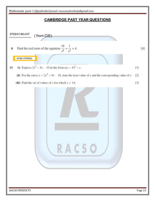 AS LEVEL QUADRATIC (CIE) EXPLAINED WITH EXAMPLE AND DIAGRAMS | DOCX
