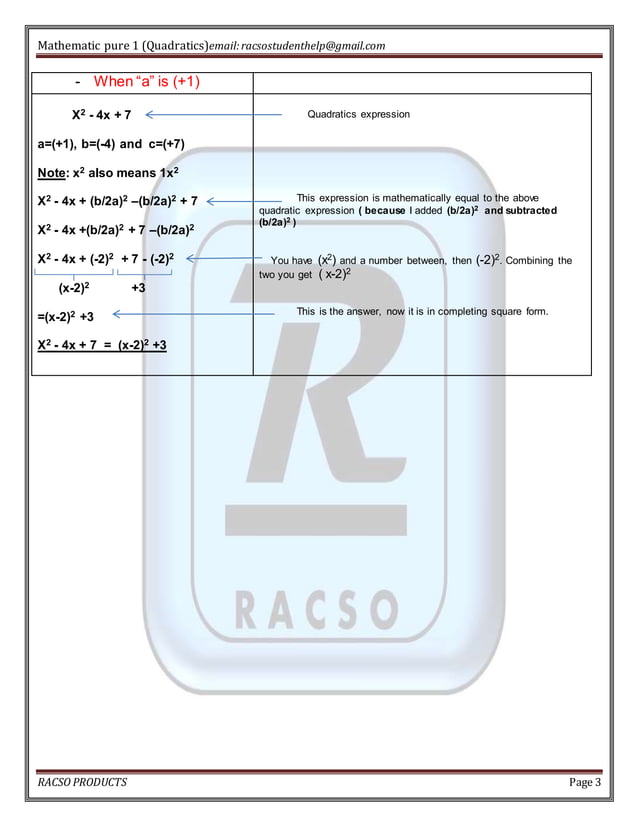 AS LEVEL QUADRATIC (CIE) EXPLAINED WITH EXAMPLE AND DIAGRAMS | DOCX