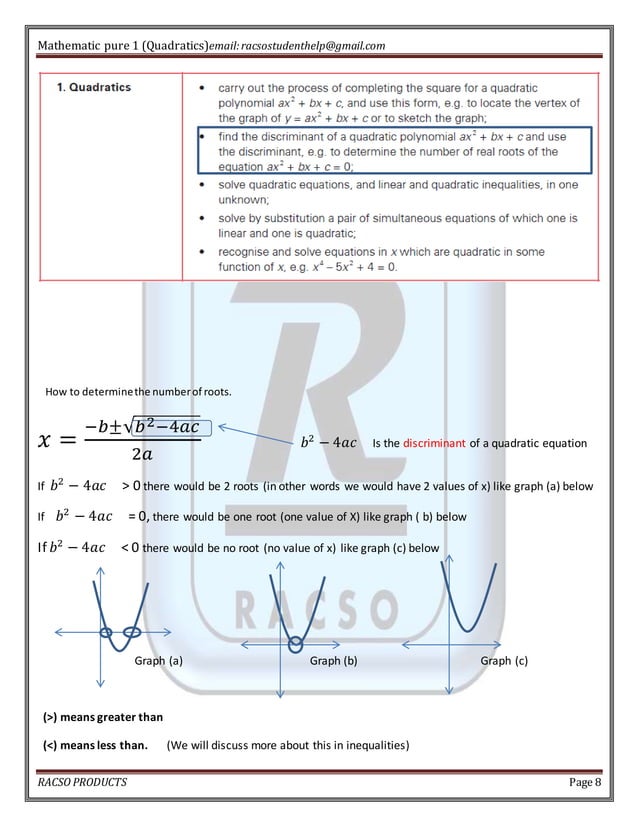 AS LEVEL QUADRATIC (CIE) EXPLAINED WITH EXAMPLE AND DIAGRAMS | DOCX