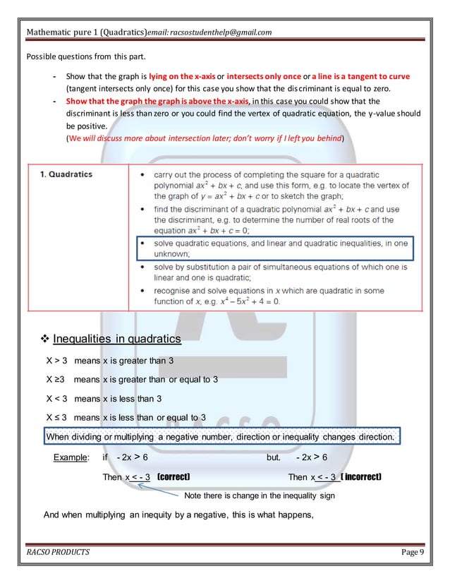 AS LEVEL QUADRATIC (CIE) EXPLAINED WITH EXAMPLE AND DIAGRAMS | DOCX
