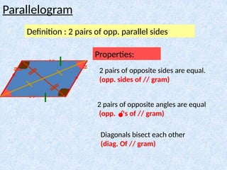 QUADRILATERALS A diagonal of a parallelogram divides it into two ...