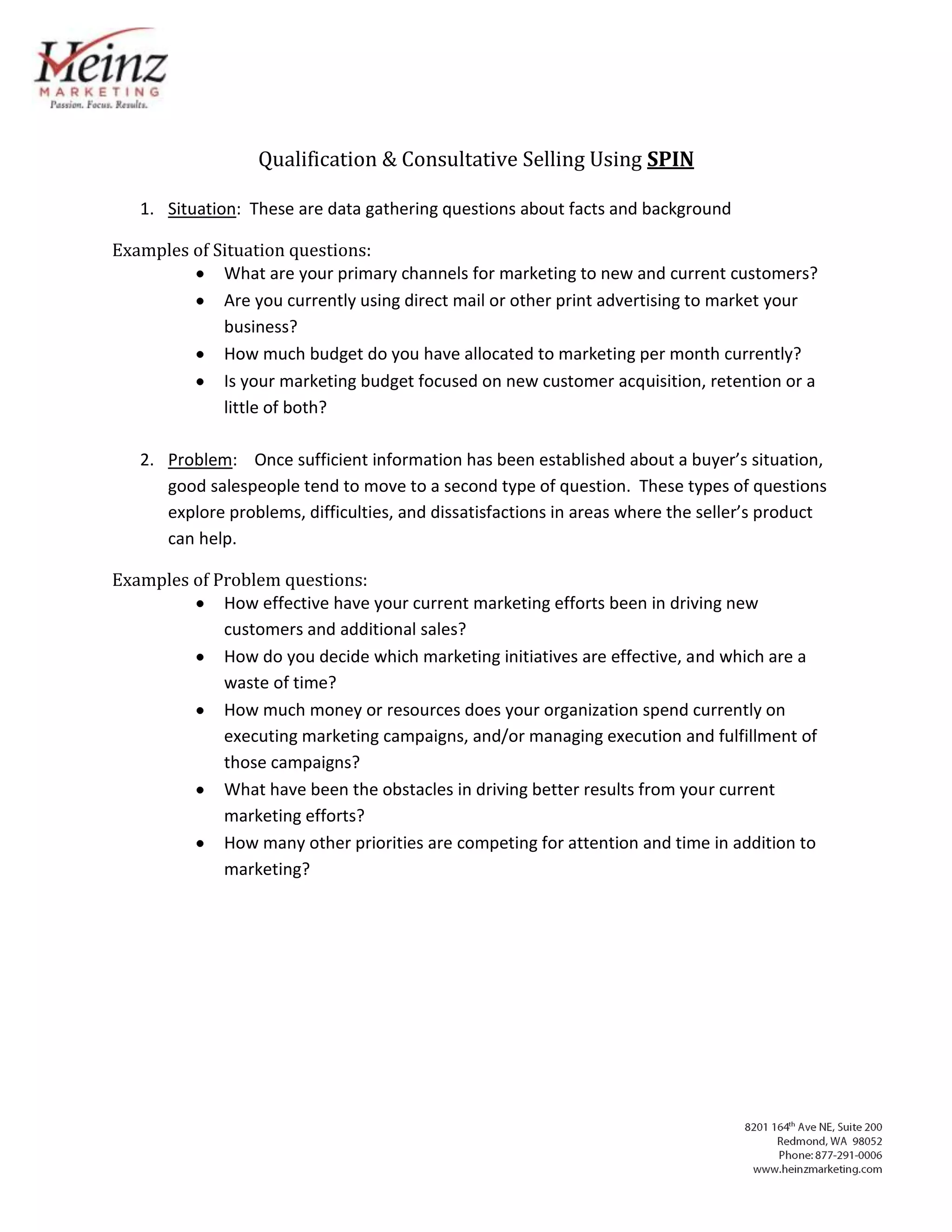 Qualification & consultative selling using spin template | PDF