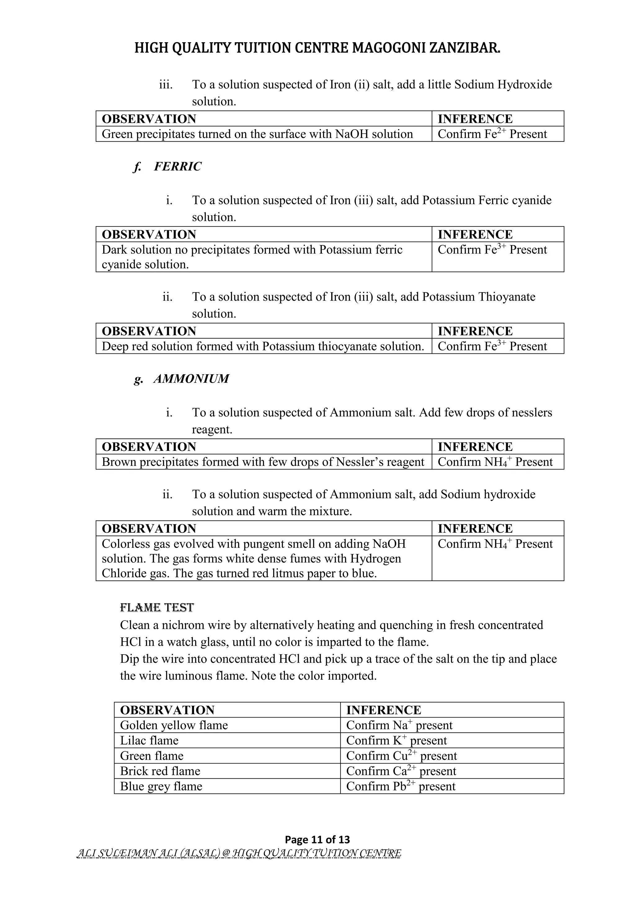 Qualitative analysis sheet for o level chemistry | PDF