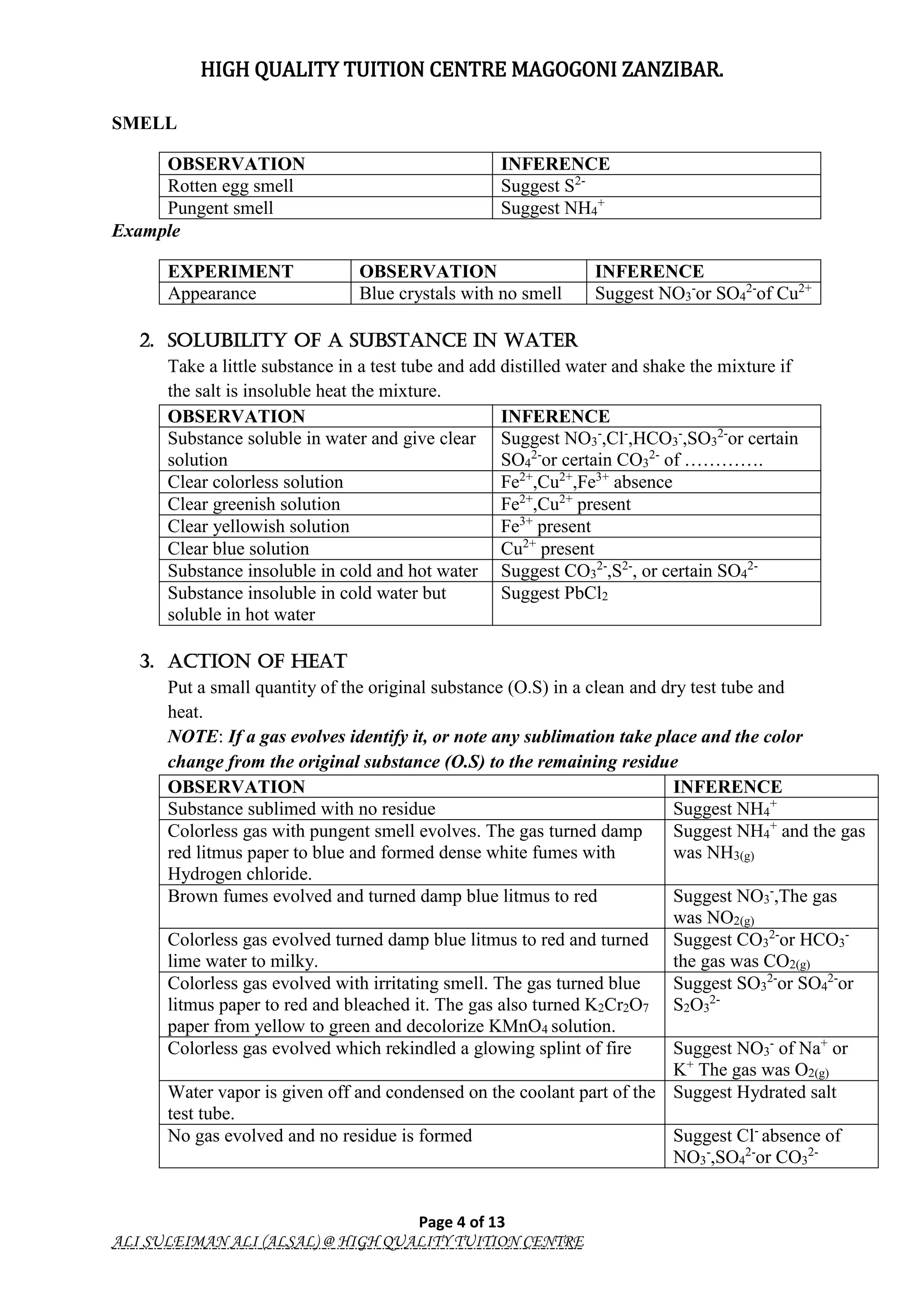 Qualitative analysis sheet for o level chemistry | PDF