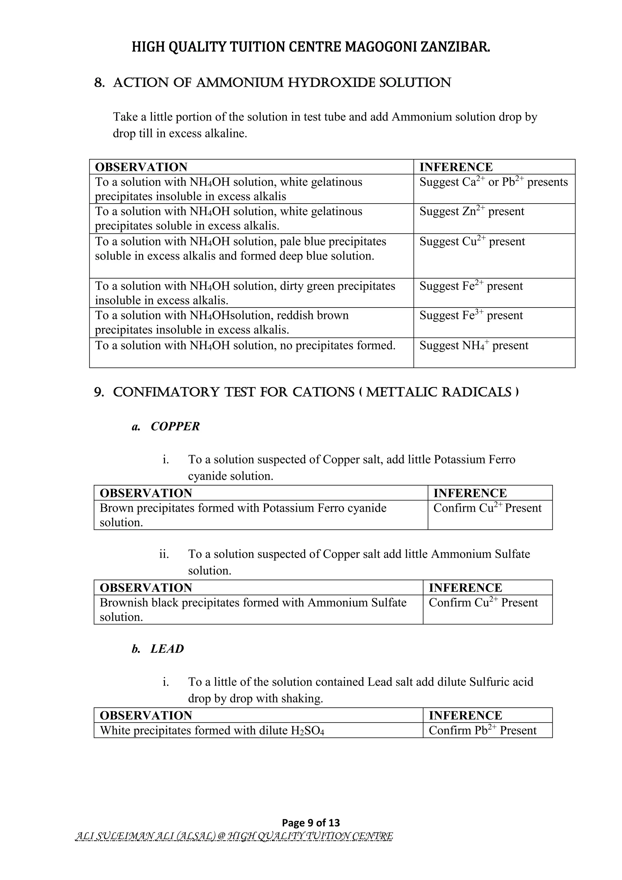 Qualitative analysis sheet for o level chemistry | PDF