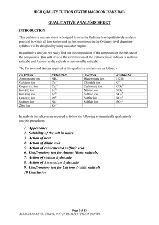 Qualitative analysis sheet for o level chemistry | PDF