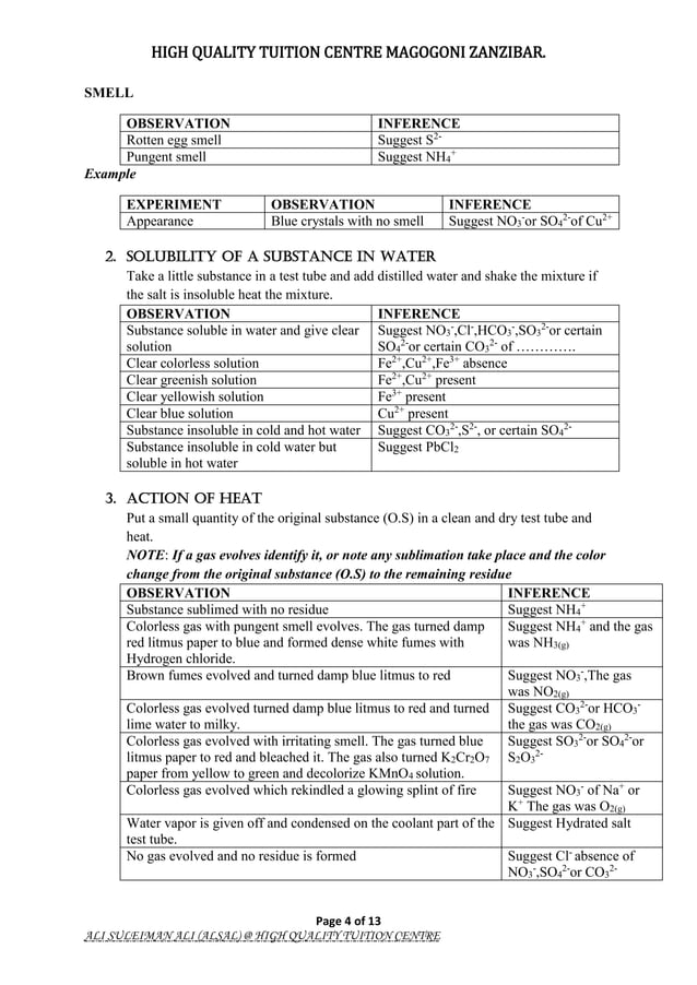 Qualitative analysis sheet for o level chemistry | PDF | Chemistry ...