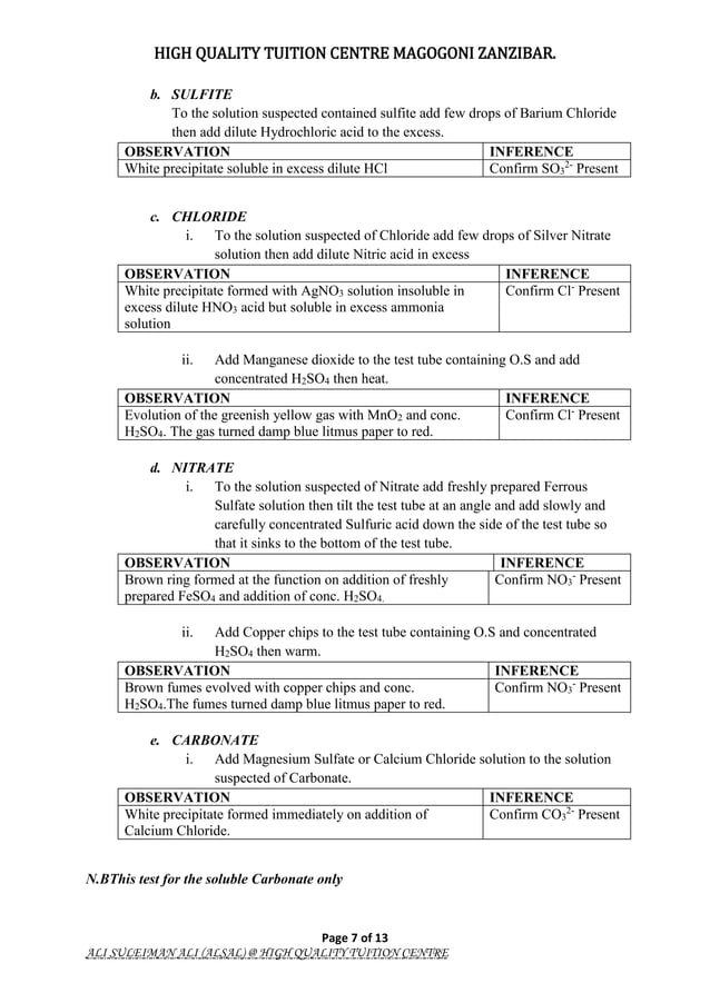 Qualitative analysis sheet for o level chemistry | PDF | Chemistry ...