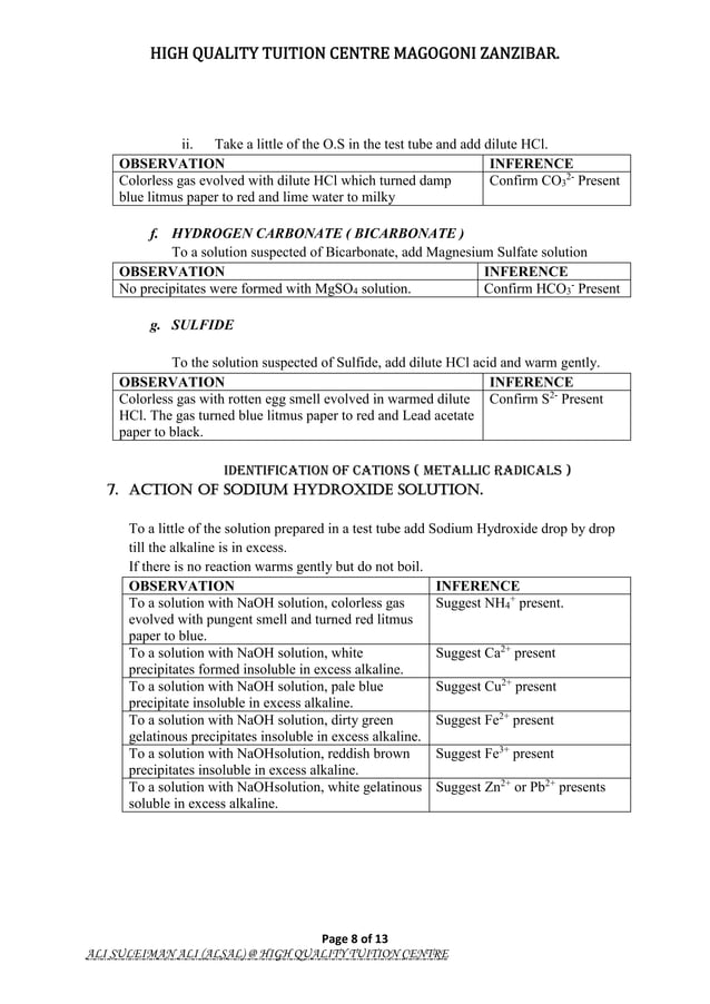 Qualitative analysis sheet for o level chemistry | PDF | Chemistry ...