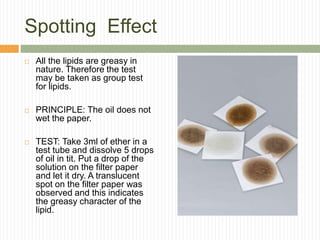 Qualitative and quantitative tests for lipids | PPTX | Chemistry | Science