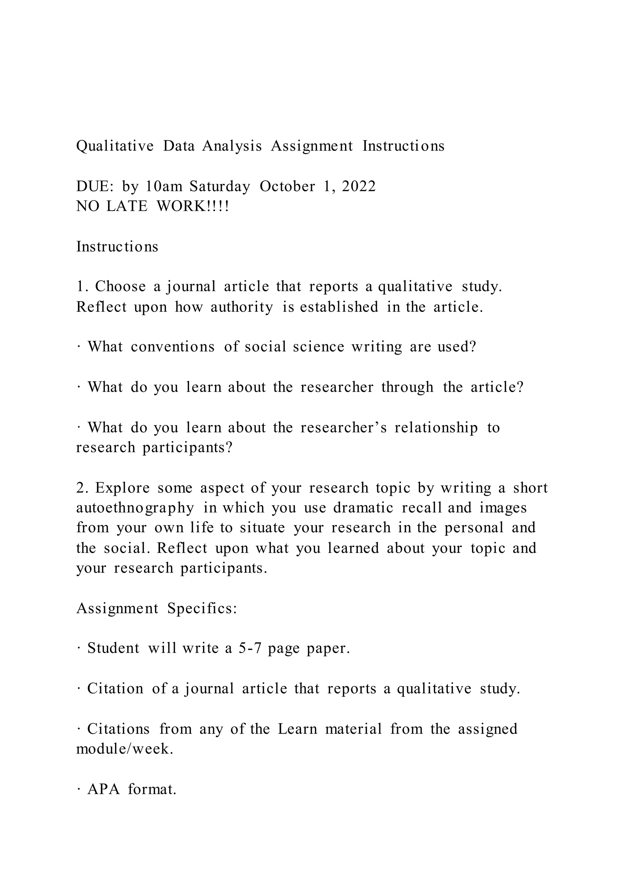 Qualitative Data Analysis Assignment InstructionsDUE by 10a | PDF