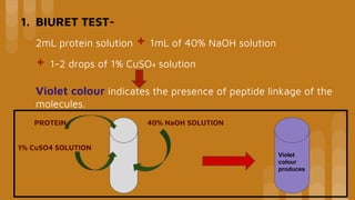 Qualitative tests of proteins, color reaction of proteins,biuret's test ...