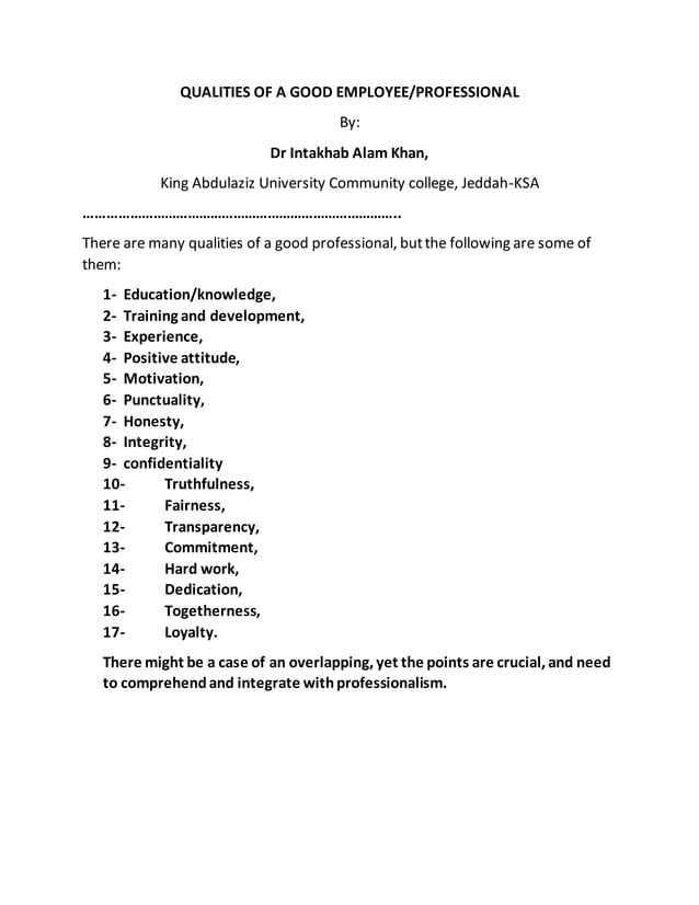 Qualities of a good employee | DOCX