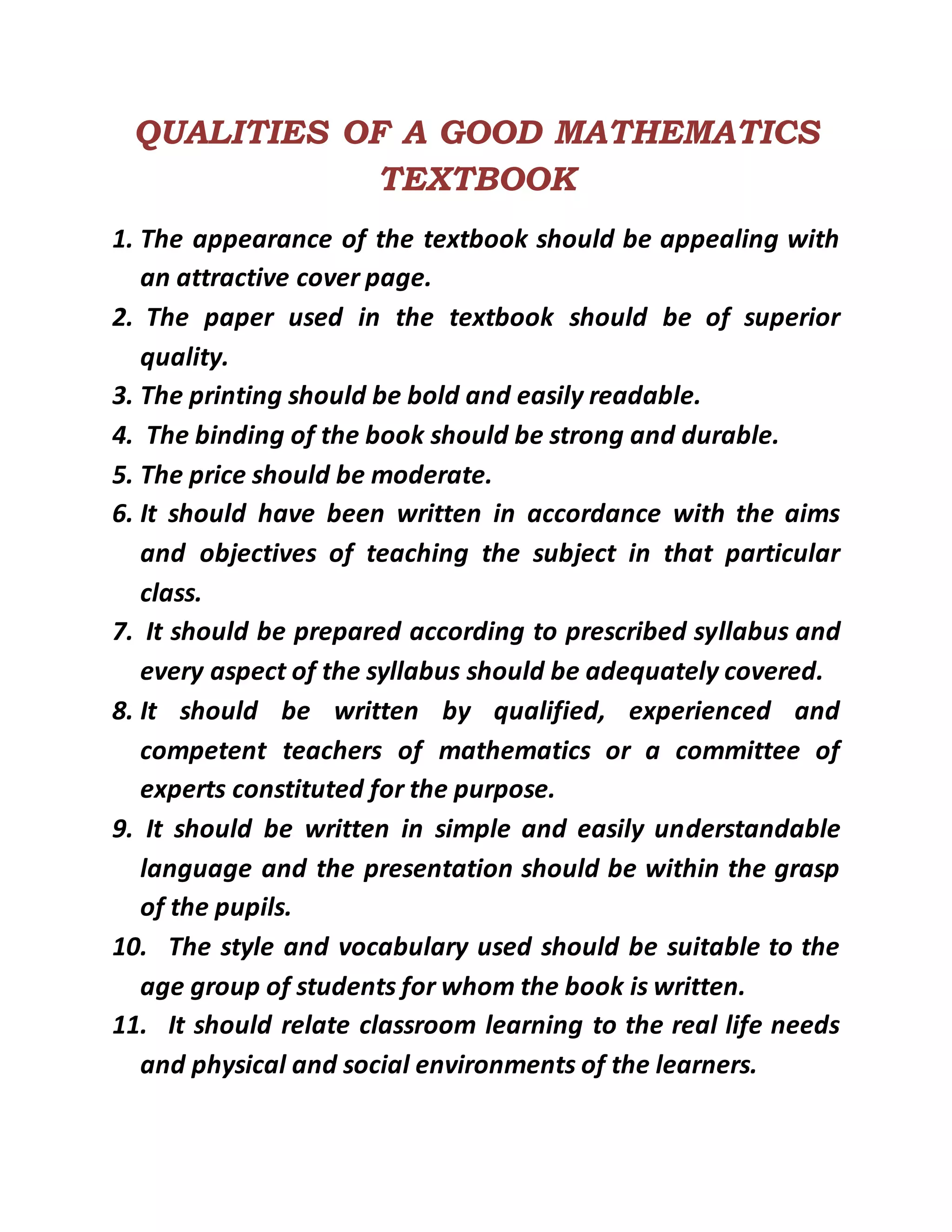 Qualities of a good mathematics textbook | DOCX