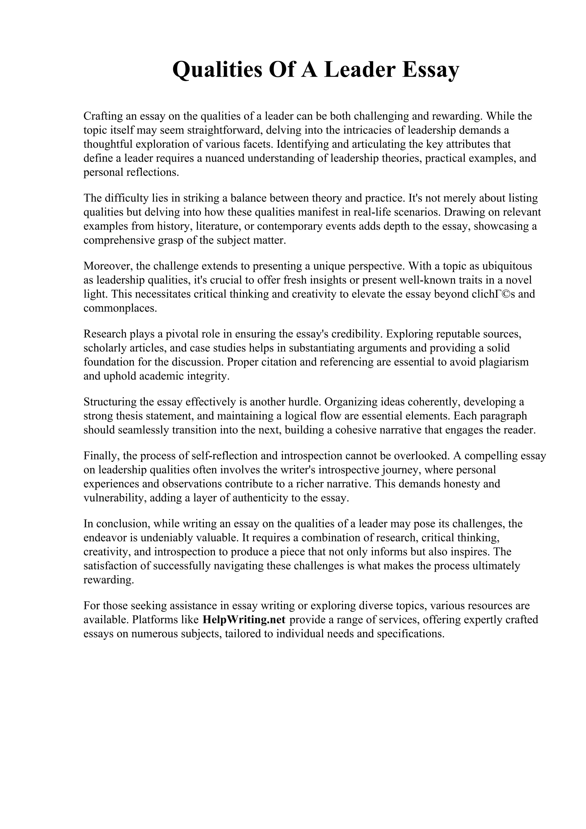 Qualities Of A Leader Essay. Reading Hospital School of Health Sciences ...